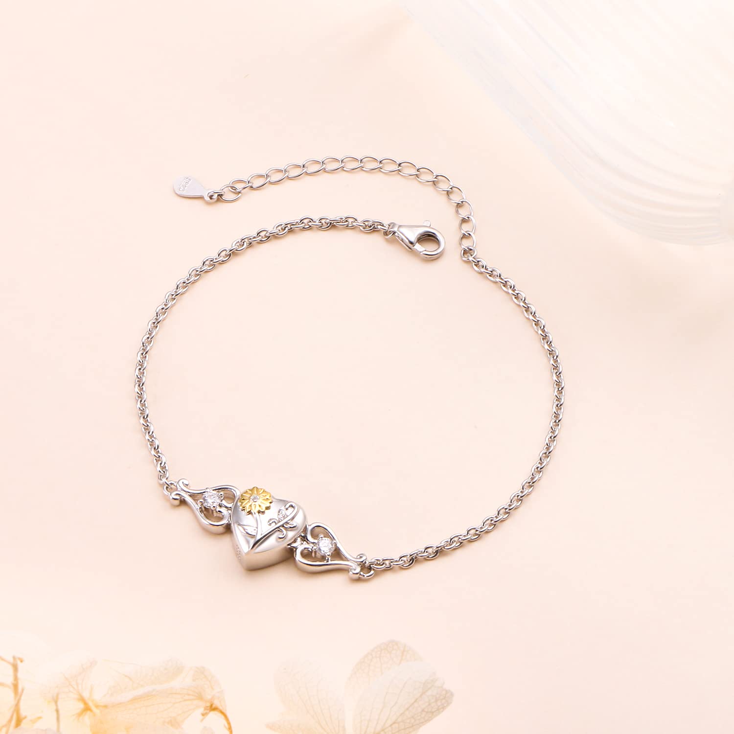 HOOHWE Urn Bracelet for Ashes for Women, 925 Sterling Silver Sunflower Heart You Are My Sunshine Cremation Bracelet Ashes Keepsake Hair Memorial Jewelry for Ashes for Women