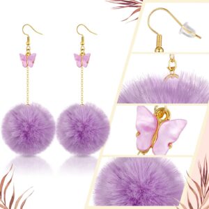 6 Pairs Butterfly Pom Pom Earrings Drop Dangling Colorful Pom Pom Earrings Winter Jewelry Butterfly Pendant Earrings Faux Fur Fluffy Ball Earrings for Women