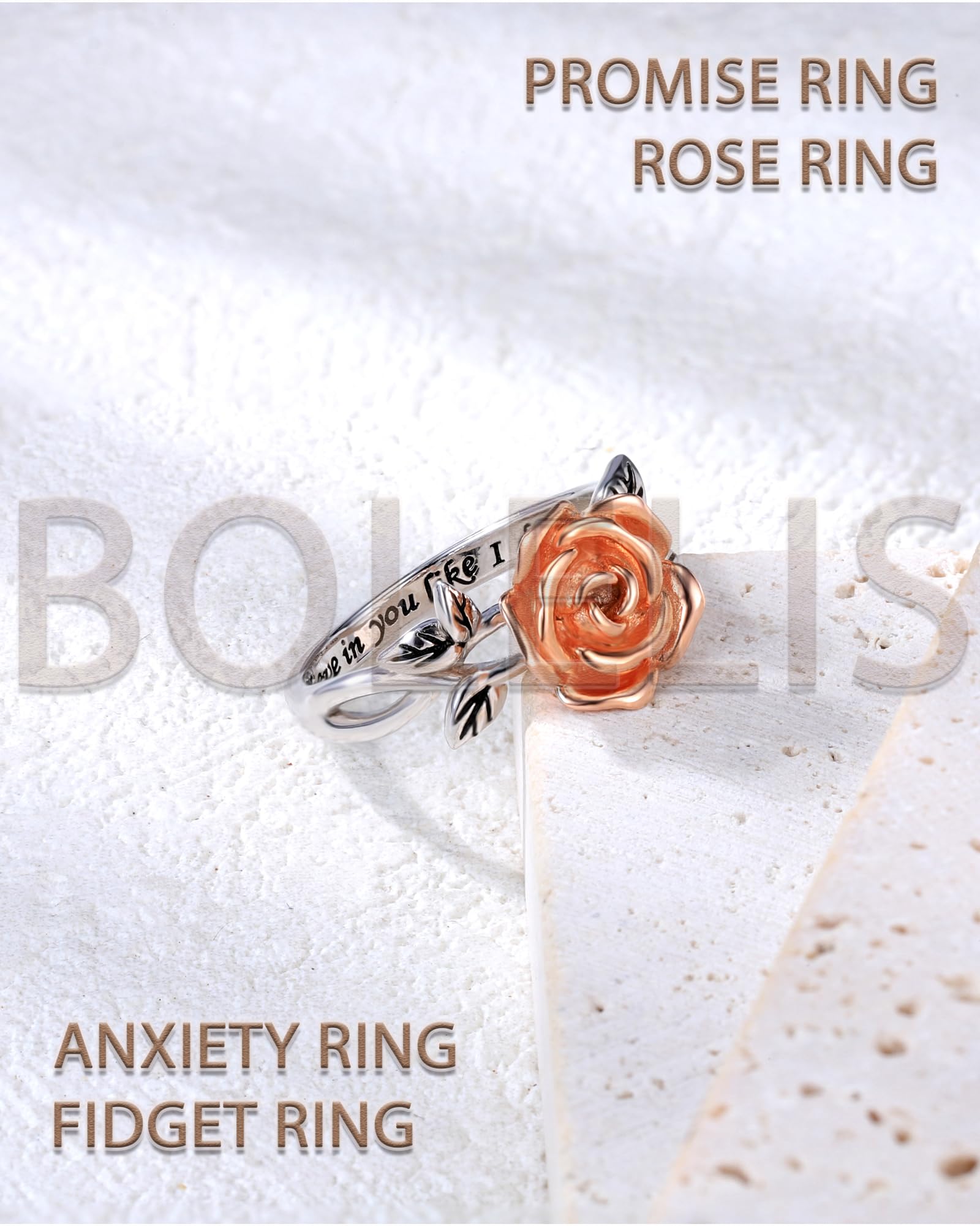 Fidget Spinner Rings for Anxiety for Women - 925 Sterling Silver Sunflower/Rose/Daisy Promise Bands Relieving Stress Jewelry Anti Anxiety Gifts for Couples Women (Rose, 5)