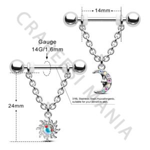 CM Crareesi Mania Nipple Rings for Women 14G Nipple Ring 316L Stainless Steel Nipple Piercing Jewelry Dangle Nipple Rings AB CZ Nipple Shield Rings