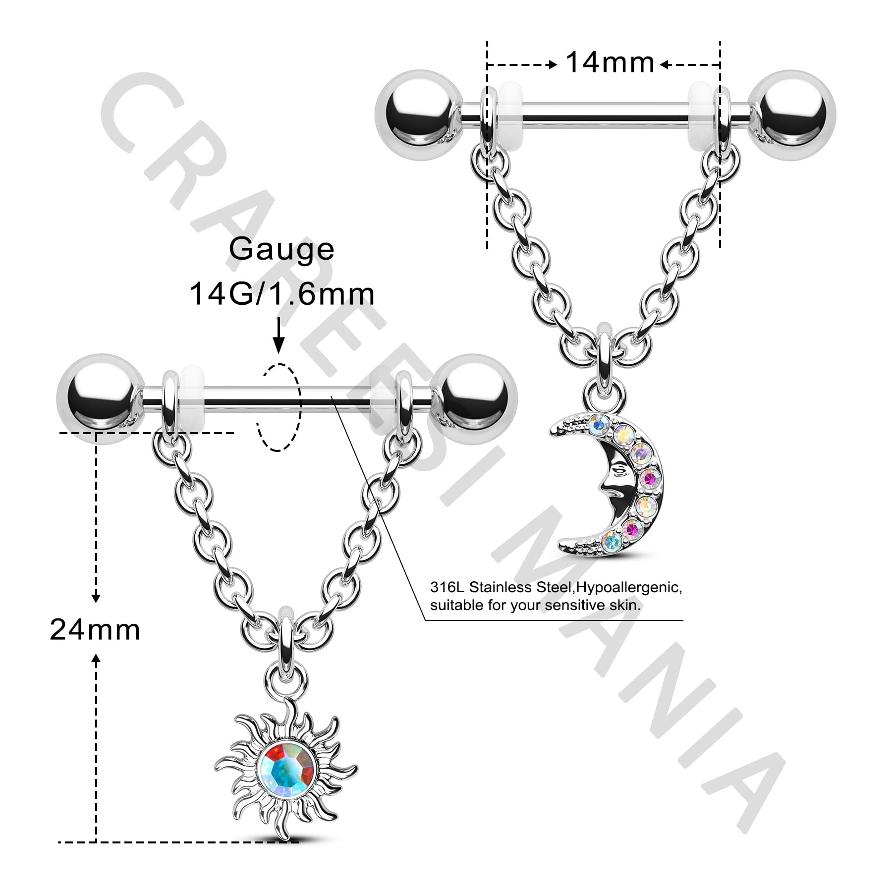 CM Crareesi Mania Nipple Rings for Women 14G Nipple Ring 316L Stainless Steel Nipple Piercing Jewelry Dangle Nipple Rings AB CZ Nipple Shield Rings