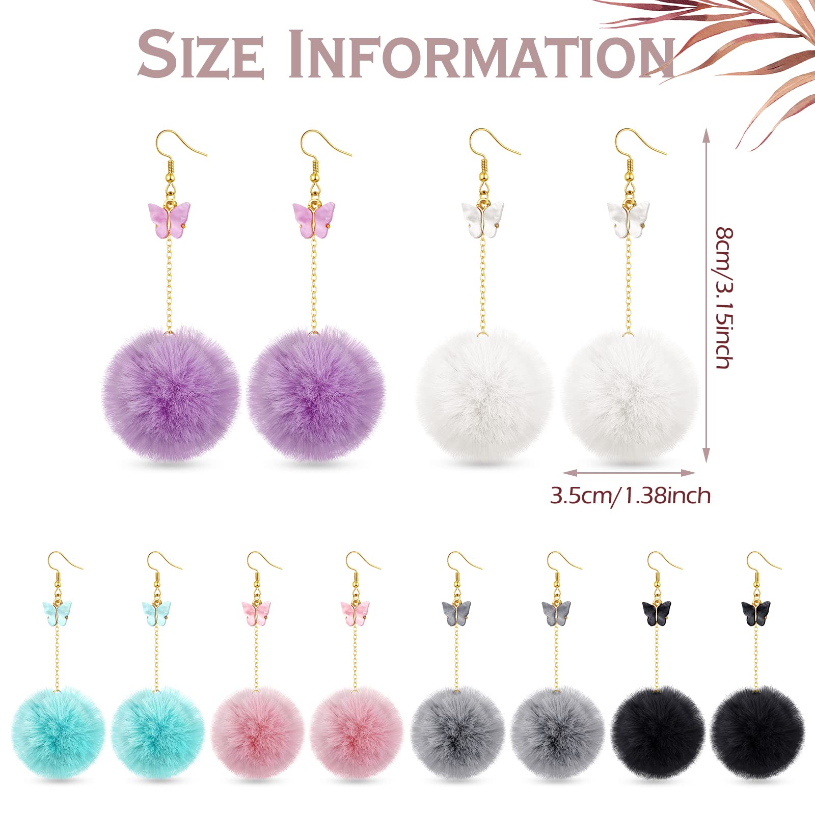 6 Pairs Butterfly Pom Pom Earrings Drop Dangling Colorful Pom Pom Earrings Winter Jewelry Butterfly Pendant Earrings Faux Fur Fluffy Ball Earrings for Women