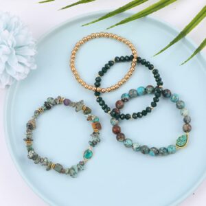 Bohemian African Turquoise Beaded Bracelets for Women, 4Pcs Stackable Natural Stones Stretch Bracelet Set with Charm, Multilayered Matte Turquoise Chips Beads Bracelets Handmade Boho Jewelry Gift