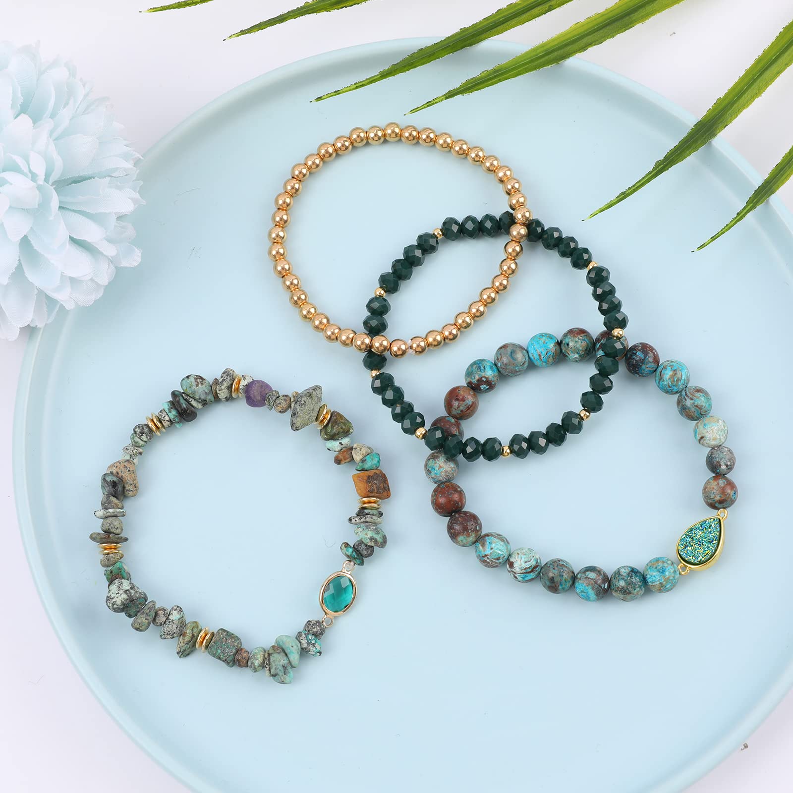 Bohemian African Turquoise Beaded Bracelets for Women, 4Pcs Stackable Natural Stones Stretch Bracelet Set with Charm, Multilayered Matte Turquoise Chips Beads Bracelets Handmade Boho Jewelry Gift