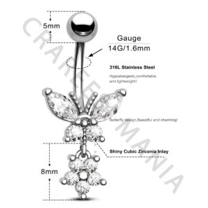 CM Crareesi Mania Belly Button Ring Dangle 14G Belly Button Rings Butterfly 316L Stainless Steel Short Belly Button Ring 14G Belly Button Piercing Jewelry