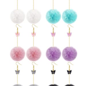 6 Pairs Butterfly Pom Pom Earrings Drop Dangling Colorful Pom Pom Earrings Winter Jewelry Butterfly Pendant Earrings Faux Fur Fluffy Ball Earrings for Women