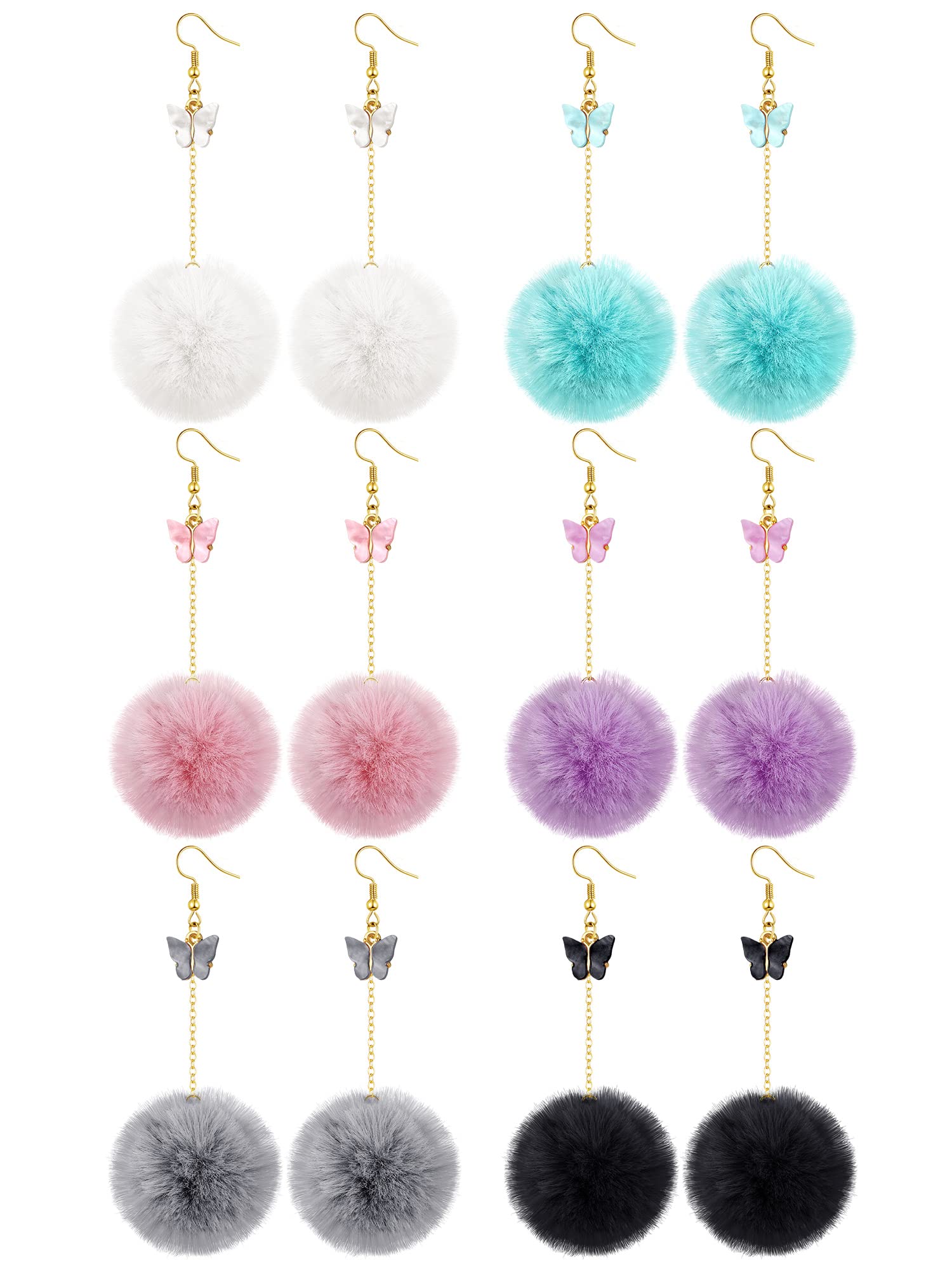 6 Pairs Butterfly Pom Pom Earrings Drop Dangling Colorful Pom Pom Earrings Winter Jewelry Butterfly Pendant Earrings Faux Fur Fluffy Ball Earrings for Women