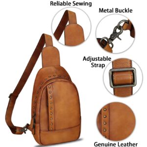 IVTG Genuine Leather Sling Bag for Women Sling Backpack Chest Shoulder Hiking Daypack Vintage Handmade Casual Crossbody Purse (Brown)