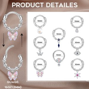 Sanfenly 8PCS Septum Jewelry 16G 316L Stainless Steel Dangle Septum Rings CZ Teardrop Butterfly Daith Earrings Hoop Cartilage Helix Tragus Spetum Nose Piercing Jewelry for Women Men