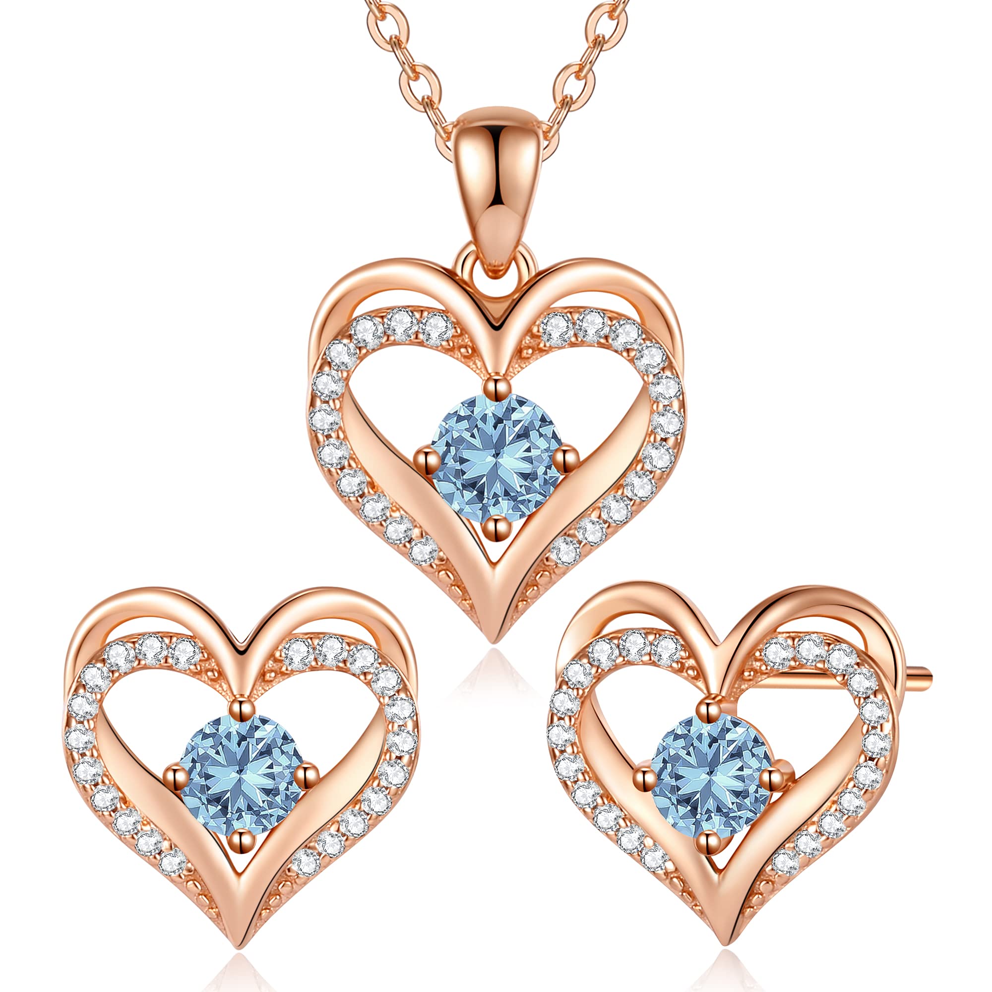 CDE Jewelry Sets for Women Love Heart Pendant Necklaces Earrings, 925 Sterling Silver with Birthstone Zirconia, Mother's Day Christmas Birthday Anniversary Valentine's Day Jewelry Gifts for Women Mom Wife Girlfriend Her