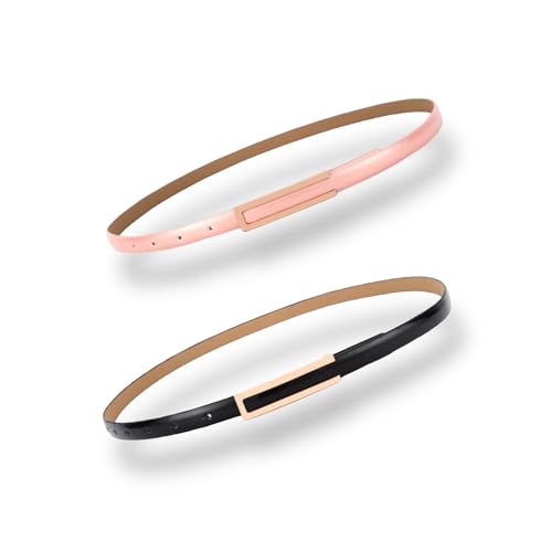 Women's Belt Fashion Elegant Dress Skinny Patent Leather Belts Waistband Thin Waist Belt Alloy Gold Buckle, 2-Pack, Black & Peach-Pink, For Waist 28"- 34", Women Size S-M, 4-6