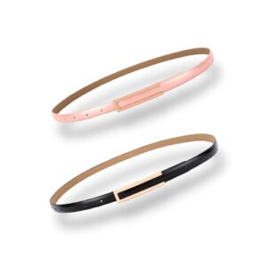 women's belt fashion elegant dress skinny patent leather belts waistband thin waist belt alloy gold buckle, 2-pack, black & peach-pink, for waist 28"- 34", women size s-m, 4-6