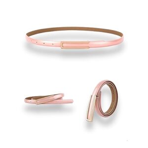 Women's Belt Fashion Elegant Dress Skinny Patent Leather Belts Waistband Thin Waist Belt Alloy Gold Buckle, 2-Pack, Black & Peach-Pink, For Waist 28"- 34", Women Size S-M, 4-6