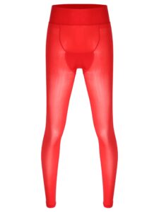 jugaoge men's oily glossy see through long pants slim stretchy leggings tights sissy crossdresser red one size