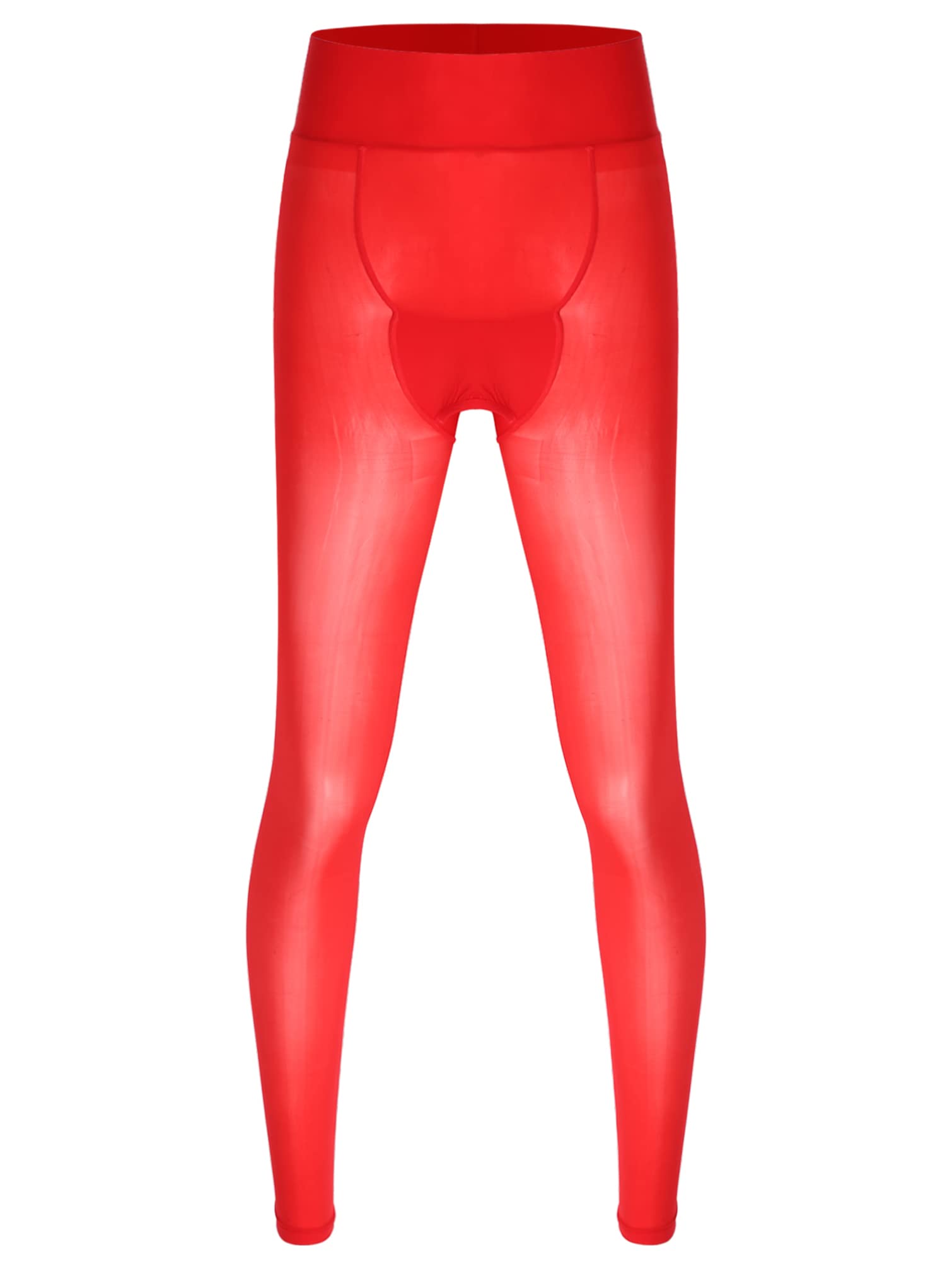 Jugaoge Men's Oily Glossy See Through Long Pants Slim Stretchy Leggings Tights Sissy Crossdresser Red One Size