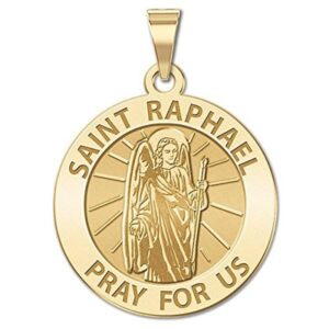 picturesongold.com saint raphael pendant religious medal exclusive - 10k solid yellow gold - 2/3 x 2/3 inch - protection jewelry christian gifts for men & women