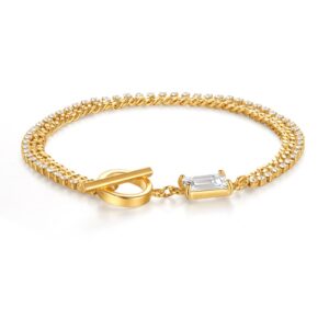 teitze 18k gold plated link bracelets zirconia trendy bracelet dainty chain bracelet for women mother gift (emerald, yellow gold)