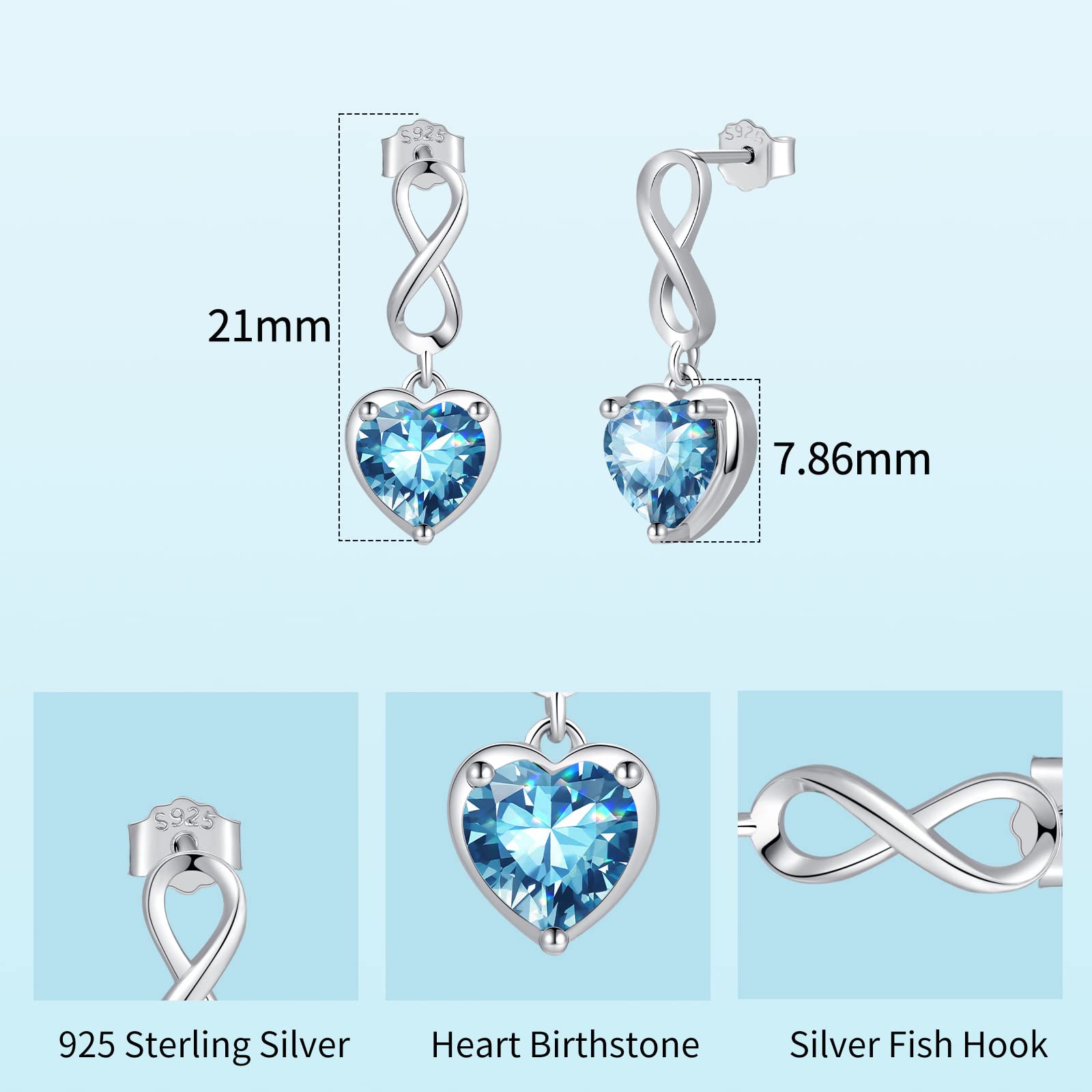 March Aquamarine Birthstone Infinity Stud Earrings - Shysnow 925 Sterling Silver Heart Shaped Cubic Zirconia Dangle Studs Infinite Symbol Birth Gem Stone Jewelry for Women