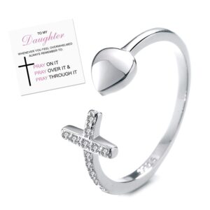 to my daughter ring-pray through it cross ring double cross adjustable baptism ring silver gold cz diamond creative wedding commitment ring for woman (silver style 2-to my daughter)