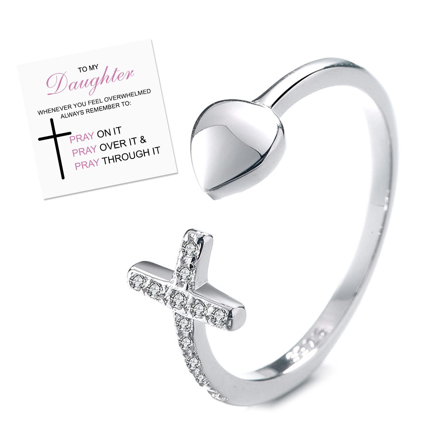 To My Daughter Ring-Pray Through It Cross Ring Double Cross Adjustable Baptism Ring Silver Gold CZ Diamond Creative Wedding Commitment Ring for Woman (silver style 2-to my daughter)