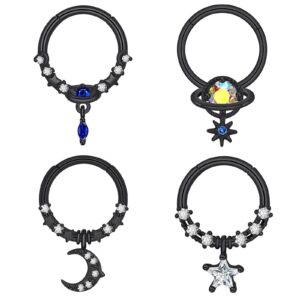 qmcandy 4pcs stainless steel 16g septum clicker dangle hinged segment ring with planet cz moon star septum piercing jewelry, black 00g