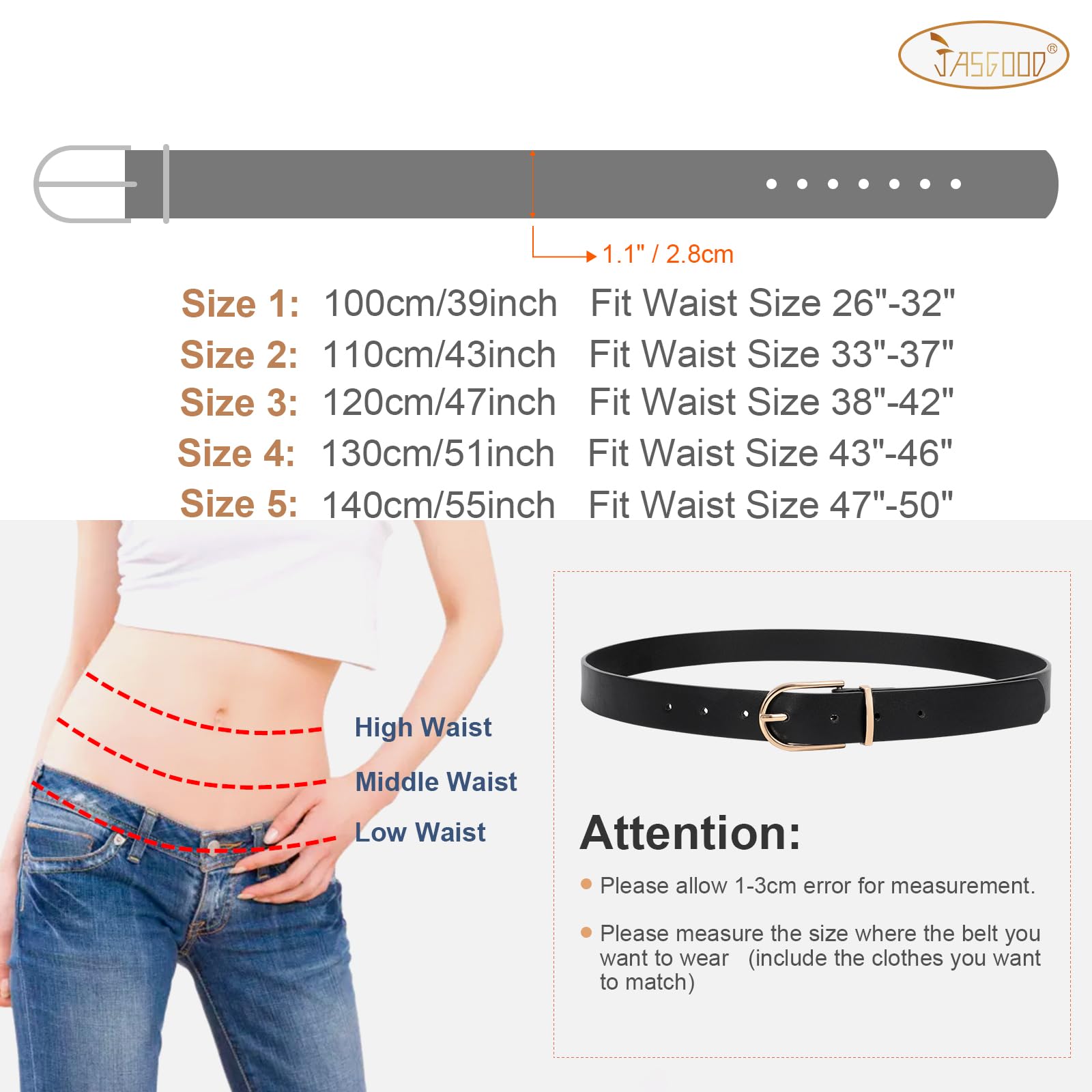 JASGOOD 3 Pack Women’s Leather Belts for Jeans Pants Fashion Ladies Belt with Gold Buckle A-Black+Brown+Beige，Fit Waist Size 33"-37"