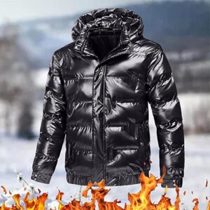 Homisy Puffer Jacket Men Winter Lightweght Reflective Shiny Hooded Down Insulated Packable Puffer Coat Warm Bomber Jacket