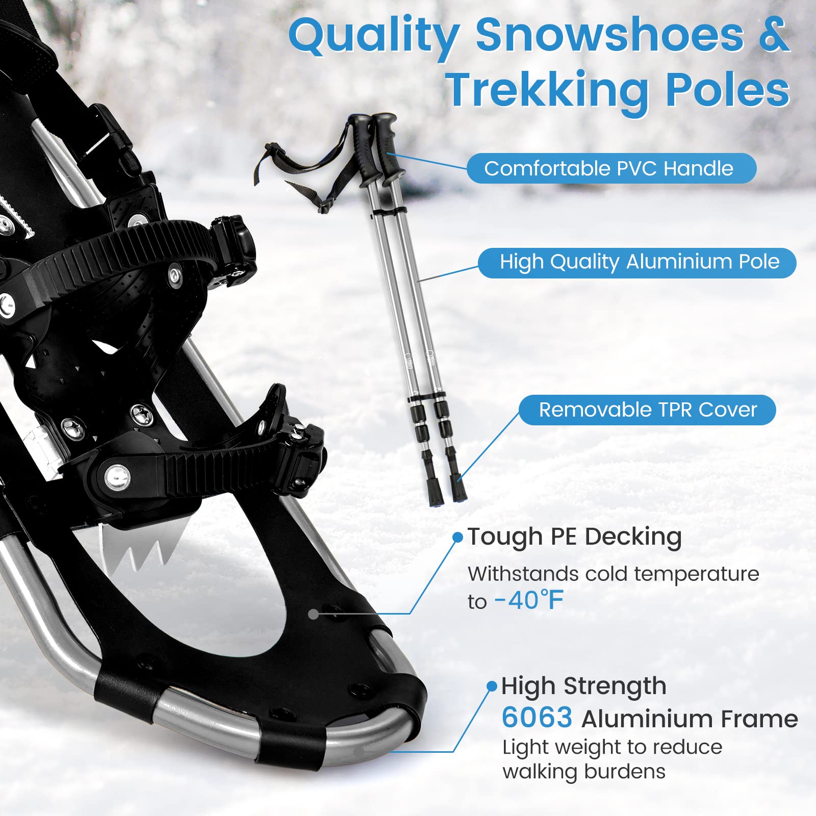 Goplus Snow Shoes for Men Women Youth Kids, Light Weight Aluminum Terrain Snowshoes with Anti-Shock Trekking Poles and Carrying Tote Bag, Snow Mud Baskets Included, 21/25/ 30 Inches (Silver, 21")