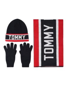 tommy hilfiger men's varsity th stripe hat glove and scarf set, desert sky, one size