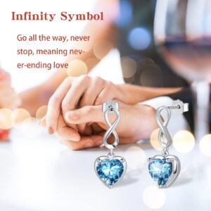 March Aquamarine Birthstone Infinity Stud Earrings - Shysnow 925 Sterling Silver Heart Shaped Cubic Zirconia Dangle Studs Infinite Symbol Birth Gem Stone Jewelry for Women