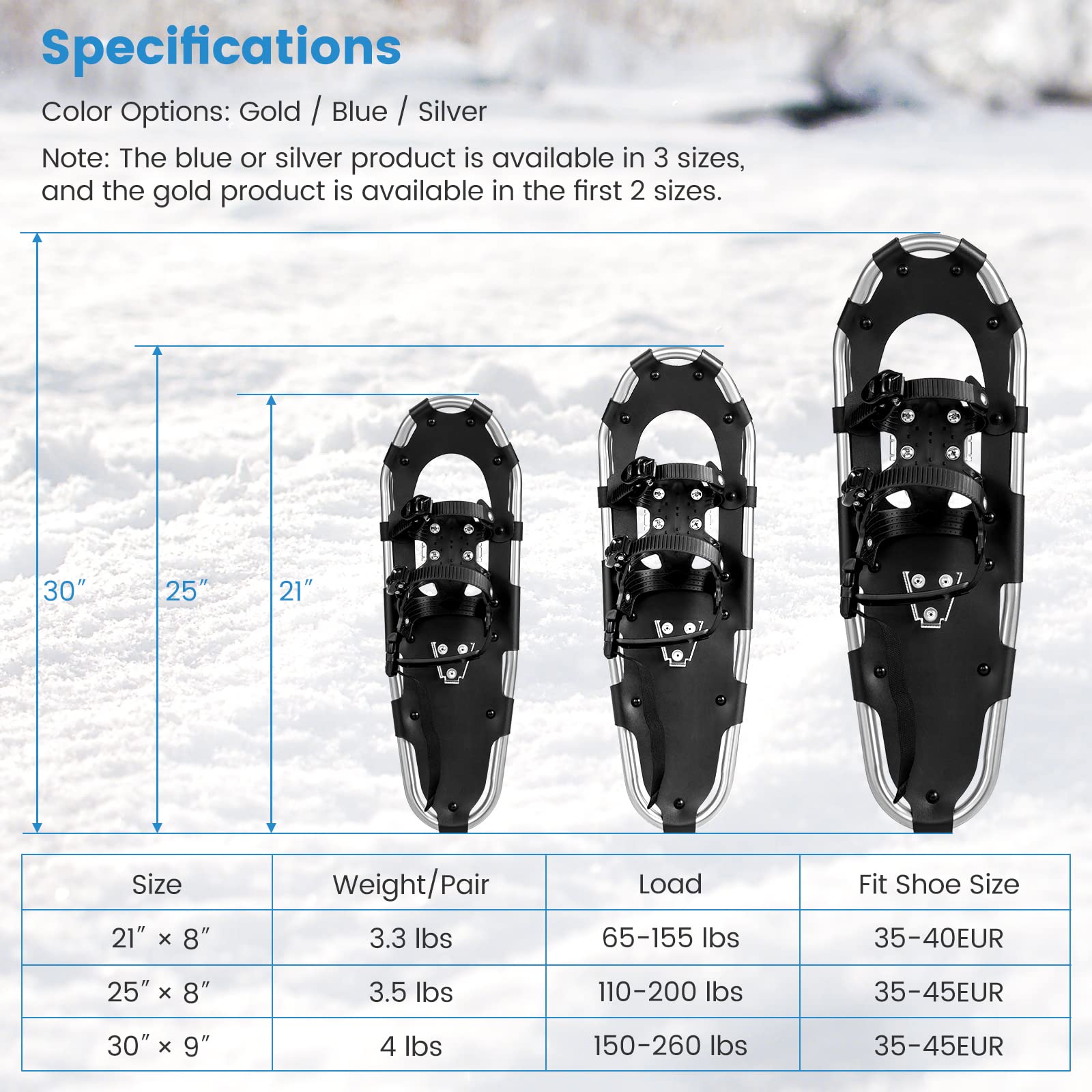 Goplus Snow Shoes for Men Women Youth Kids, Light Weight Aluminum Terrain Snowshoes with Anti-Shock Trekking Poles and Carrying Tote Bag, Snow Mud Baskets Included, 21/25/ 30 Inches (Silver, 21")