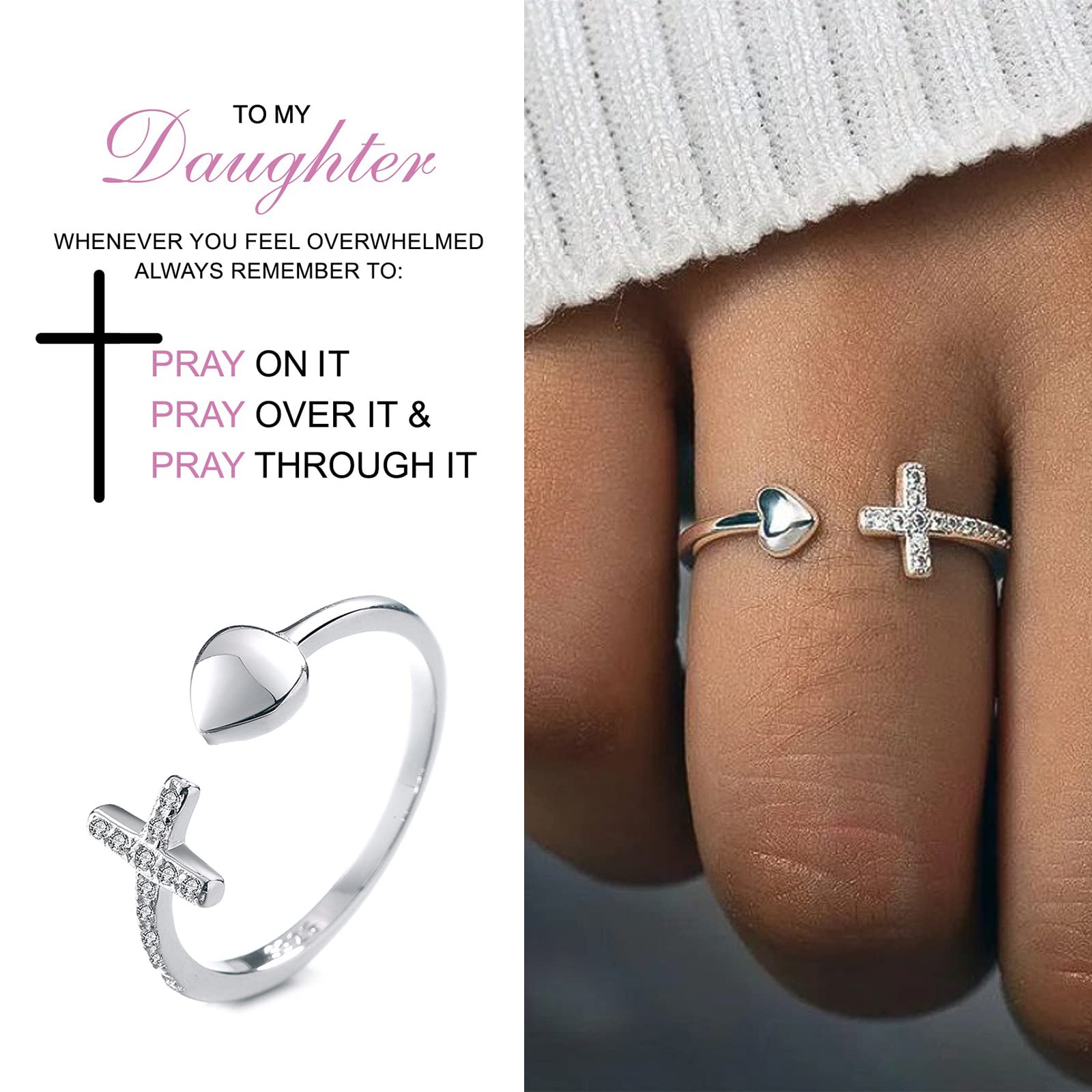 To My Daughter Ring-Pray Through It Cross Ring Double Cross Adjustable Baptism Ring Silver Gold CZ Diamond Creative Wedding Commitment Ring for Woman (silver style 2-to my daughter)