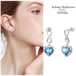 March Aquamarine Birthstone Infinity Stud Earrings - Shysnow 925 Sterling Silver Heart Shaped Cubic Zirconia Dangle Studs Infinite Symbol Birth Gem Stone Jewelry for Women