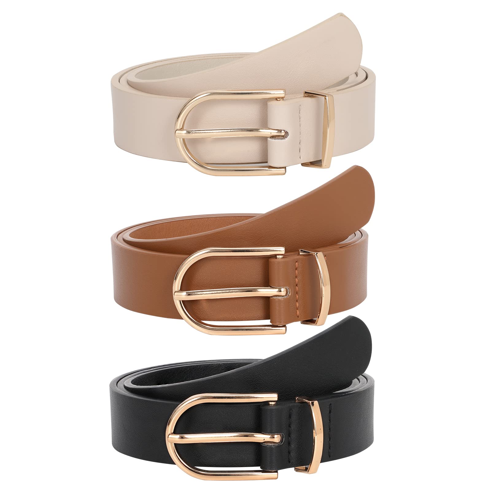 JASGOOD 3 Pack Women’s Leather Belts for Jeans Pants Fashion Ladies Belt with Gold Buckle A-Black+Brown+Beige，Fit Waist Size 33"-37"