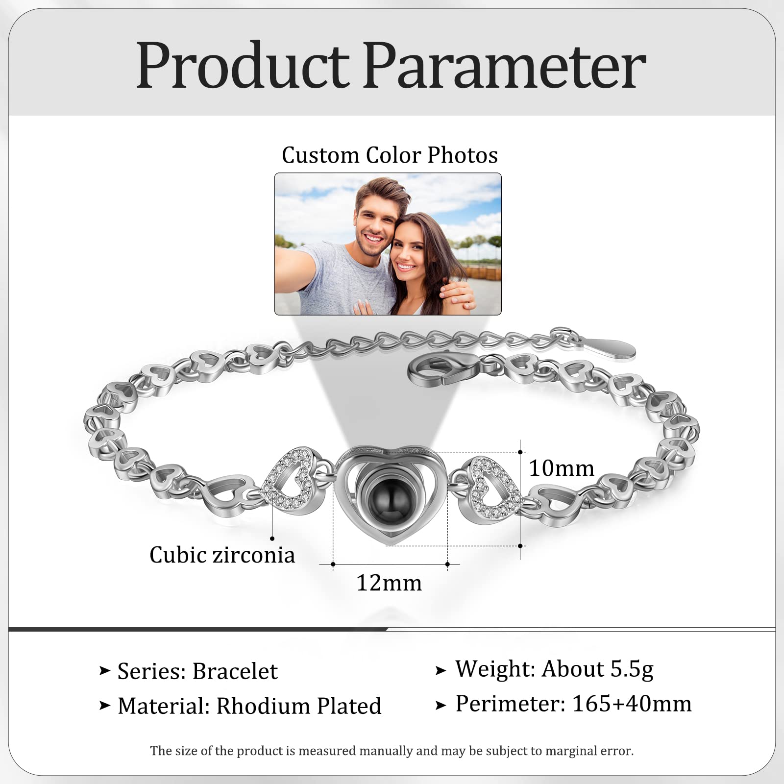 Nameinhea Bracelet with Picture inside Custom Personalized Photo Projection Bracelet,Picture Memorial for Women Girlfriend Mom (Heart)