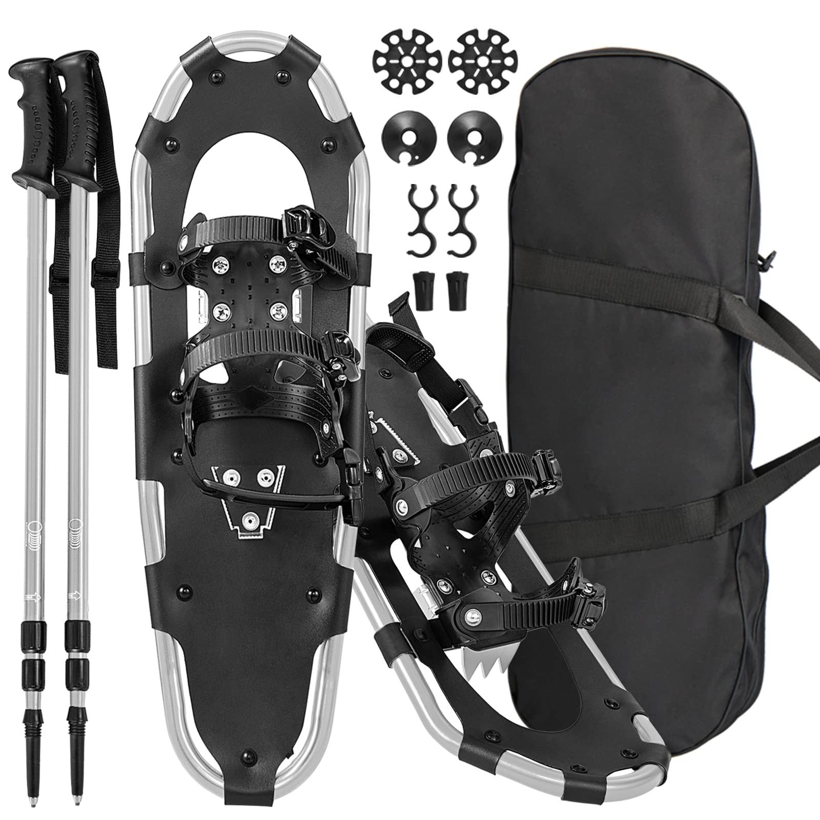 Goplus Snow Shoes for Men Women Youth Kids, Light Weight Aluminum Terrain Snowshoes with Anti-Shock Trekking Poles and Carrying Tote Bag, Snow Mud Baskets Included, 21/25/ 30 Inches (Silver, 21")