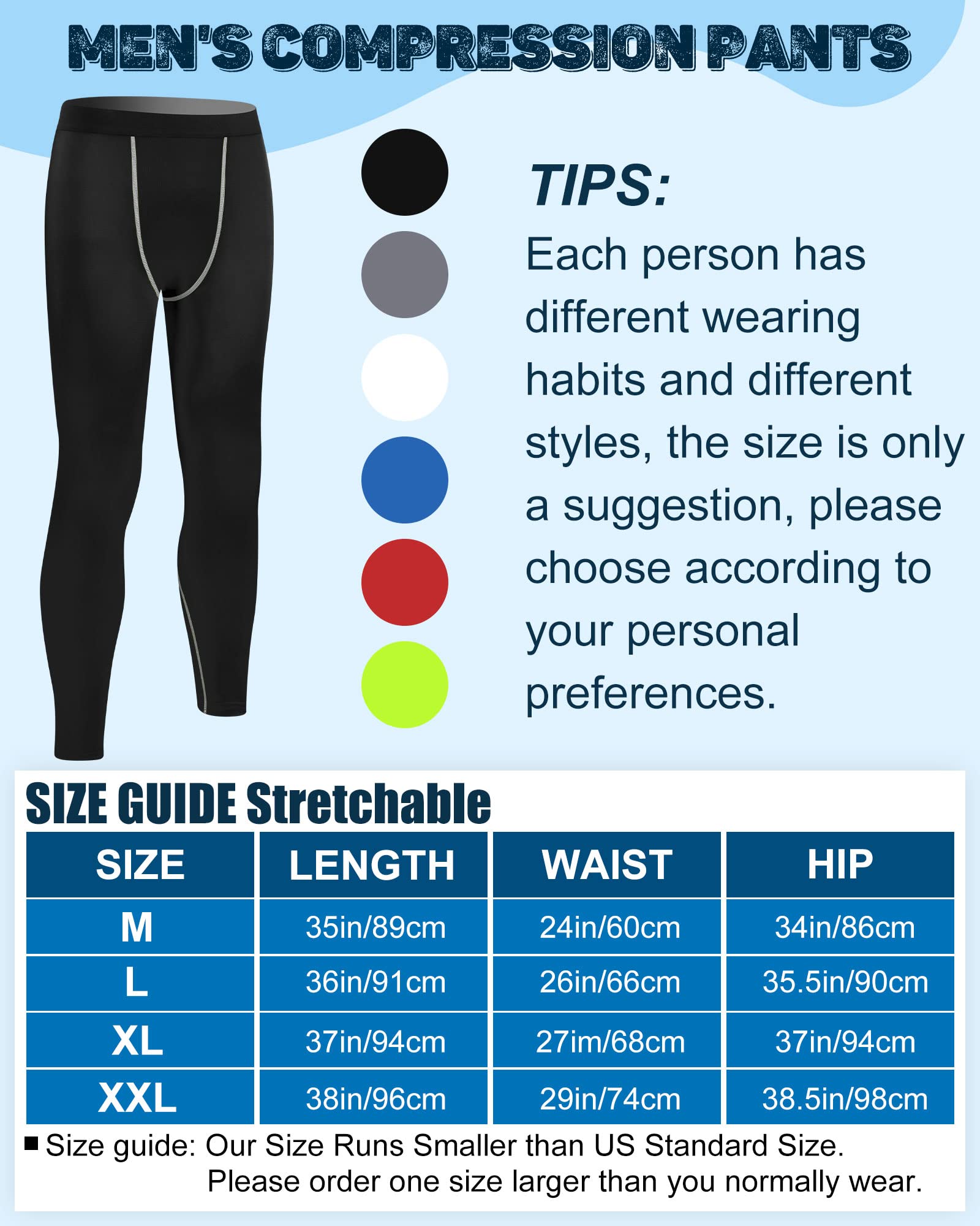 Hicarer 6 Pack Men's Compression Pants Workout Pants Athletic Compression Leggings Running Tights for Men Sport Supplies (Multicolor, Large)