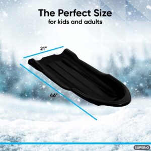 Superio Toboggan Snow Sled- 46” Plastic Open Back Sled for Kids and Adults- Heavy Duty Sled with Hole for Pull Ropes (Ropes Excluded) for Downhill Sledding, Winter Outdoor Sports, (Red-Black)