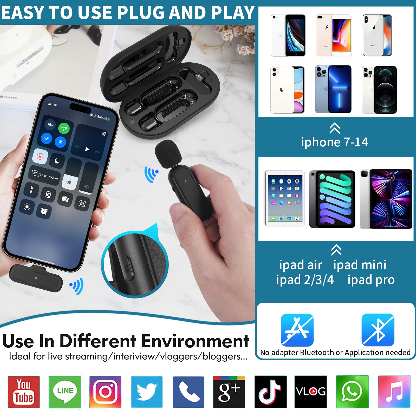 IIQ Wireless Microphone for iPhone 15, Android, iPad with Adapter and Charging Case, 2 Pack10 Hours Long Battery Life, Clip on Lapel Mic for Facebook, Vlog, Interview, YouTube 70ft