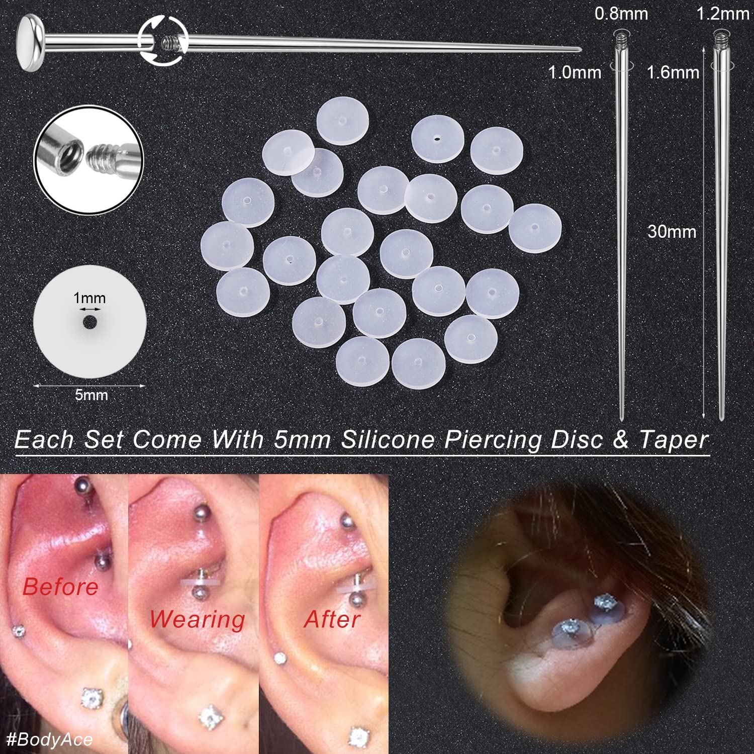 BodyAce 16G 18G Lip Studs Labret Ring, Nostril Stud Nose Rings for Women, Stainless Steel Medusa Helix Tragus Piercing Jewelry with Piercing Taper & Discs [1.0mm=18G,4/5/6mm CZ;L:10mm]