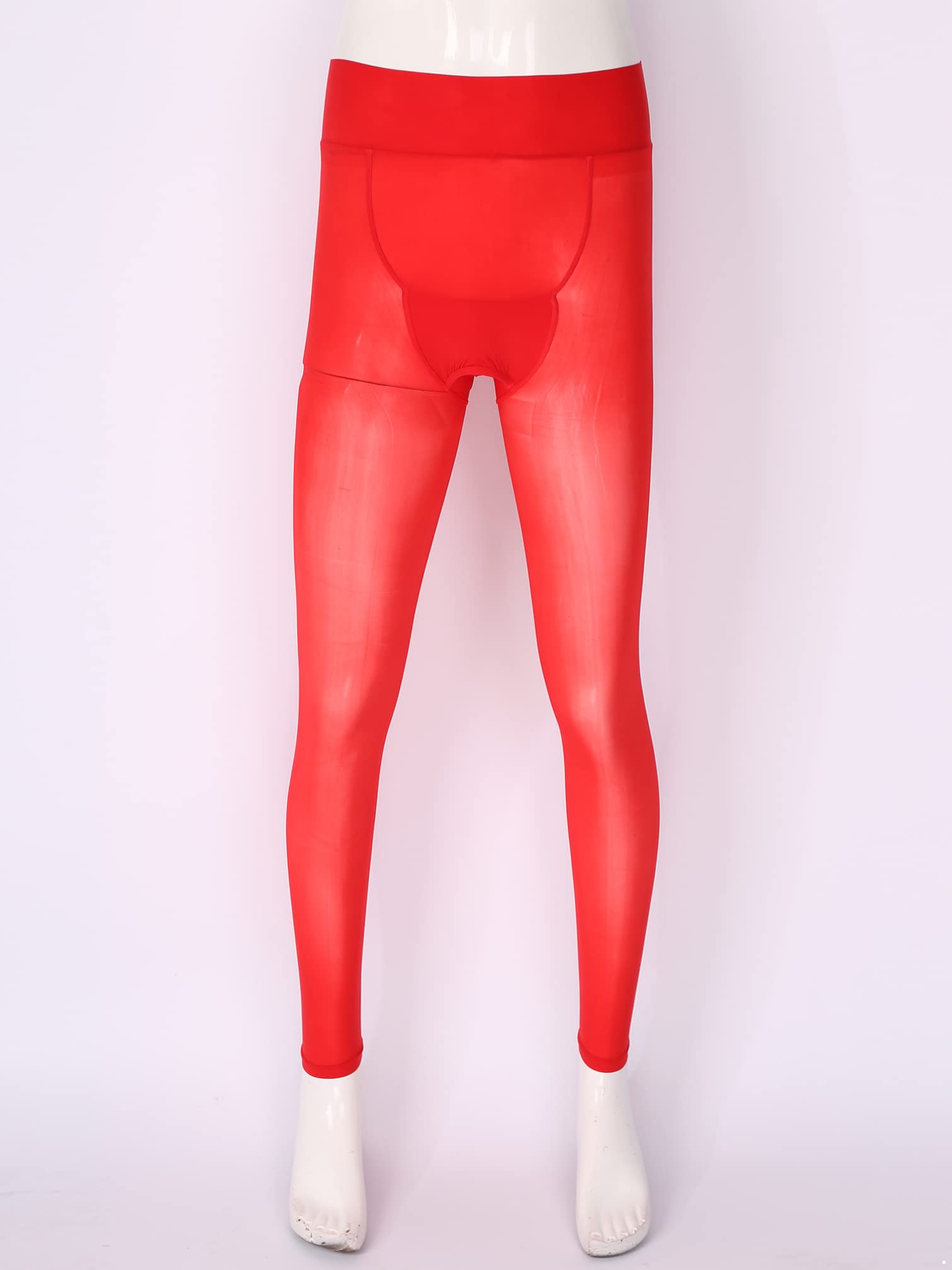 Jugaoge Men's Oily Glossy See Through Long Pants Slim Stretchy Leggings Tights Sissy Crossdresser Red One Size