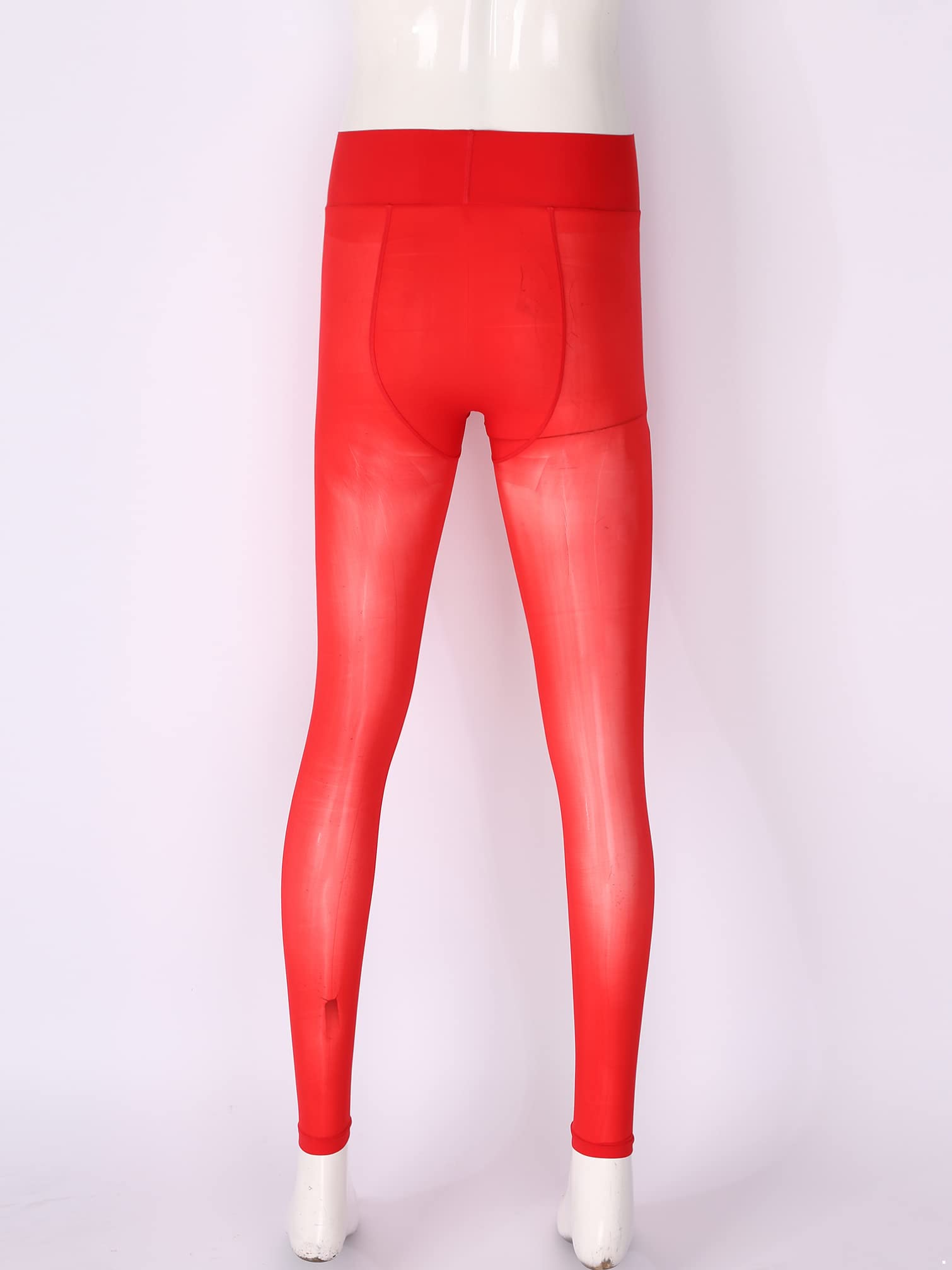 Jugaoge Men's Oily Glossy See Through Long Pants Slim Stretchy Leggings Tights Sissy Crossdresser Red One Size