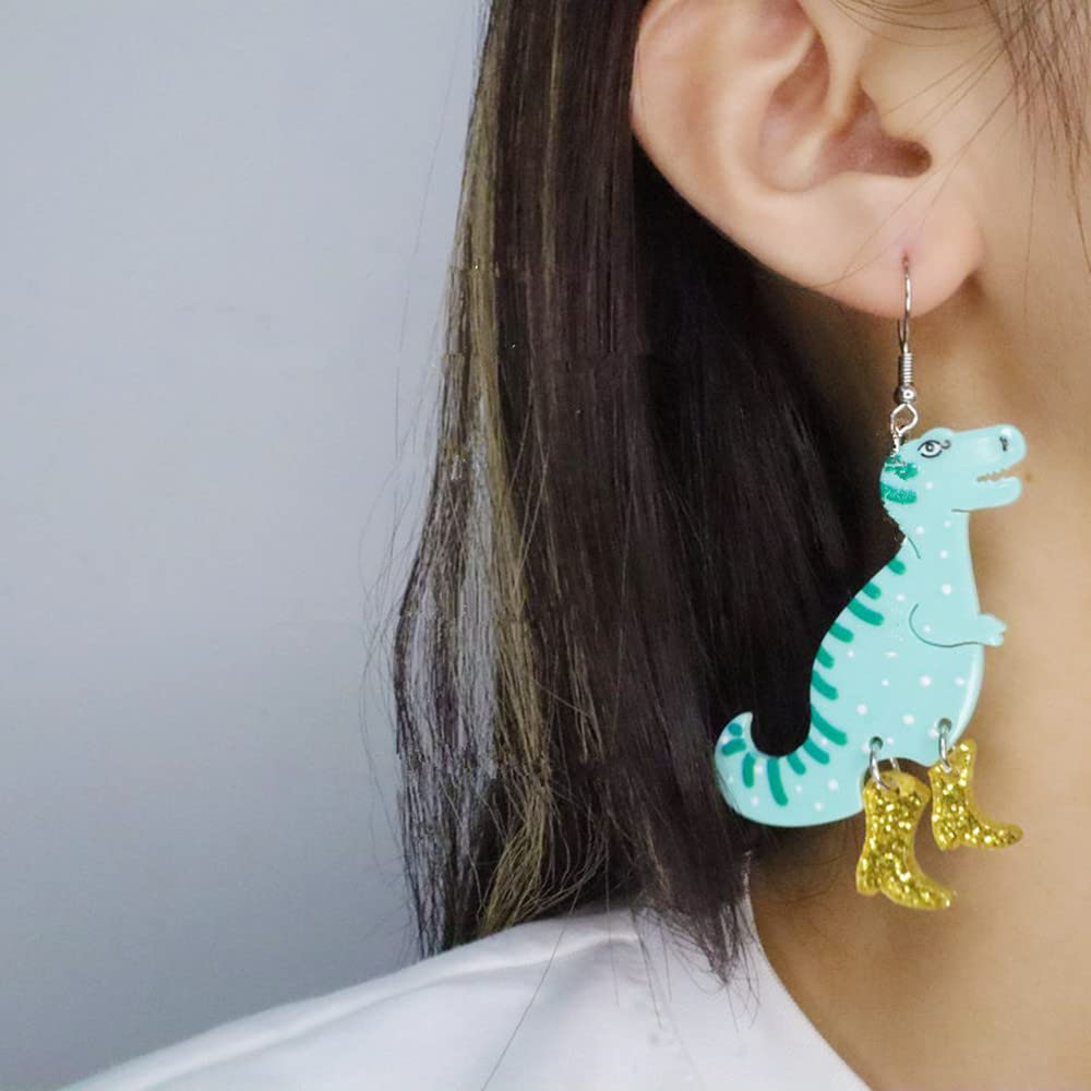 Cute Acrylic Animal Drop Earrings Colorful Boots Chicken Hen Dinosaur Lovely Panda with Bamboos Funny Animal Dangle Earrings For Women Christams Birthday Gift-Dinosaur