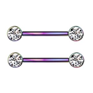 pierced owl 14ga implant grade titanium 9/16" internally threaded bezel set crystal nipple barbells, sold as a pair (rainbow)