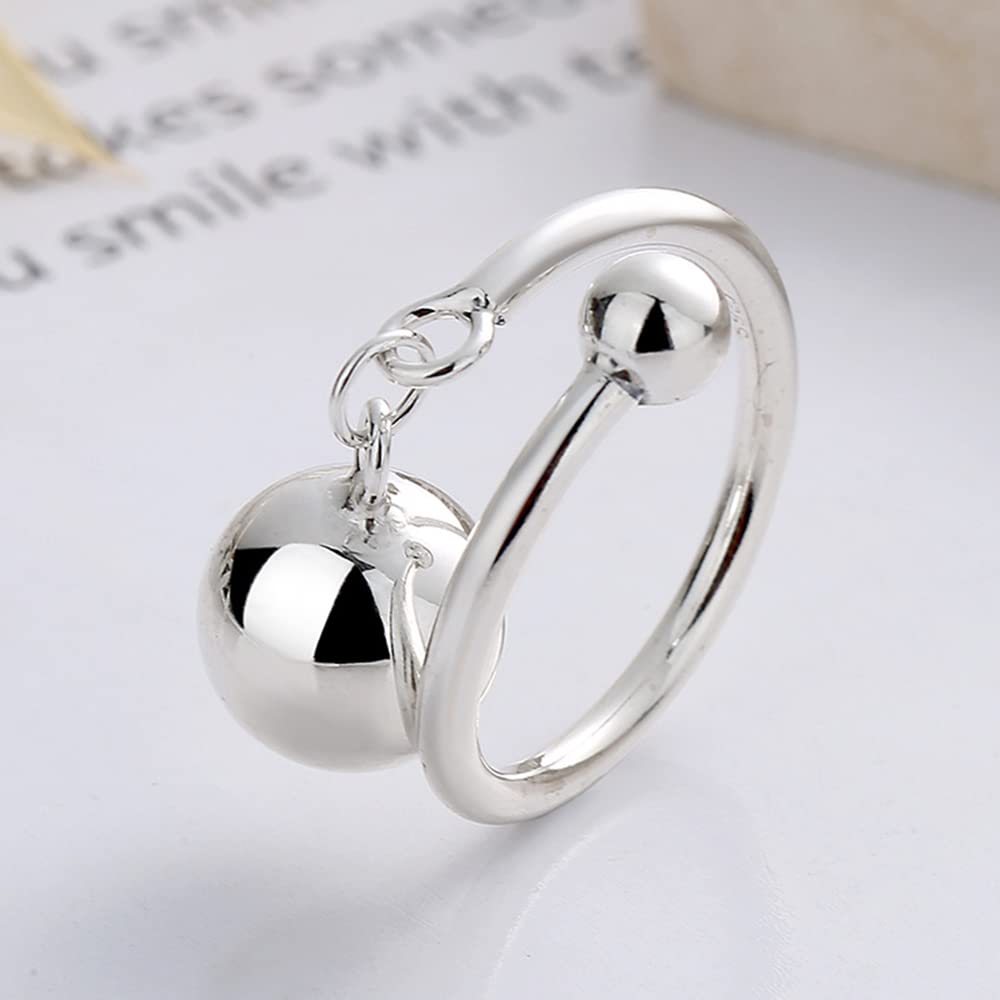 Dangling Ball Bell Sterling Silver Adjustable Open Ring for Women Men Minimalist Tassel Double Balls Rings Boho Geometric Round Statement Comfort Fit Dainty Charms Dangle Jewelry Christmas Birthday BFF Gift