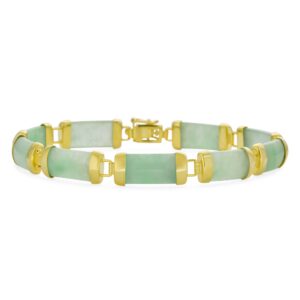 asian style gemstone genuine light green jade strand contoured tube bar link bracelet for women 14k yellow gold plated .925 sterling silver 7.5 inch