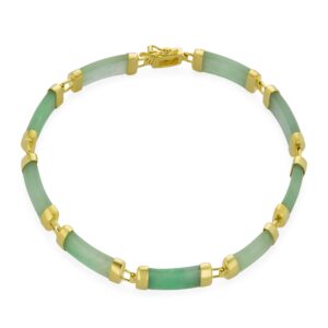 Asian Style Gemstone Genuine Light Green Jade Strand Contoured Tube Bar Link Bracelet For Women 14K Yellow Gold Plated .925 Sterling Silver 7.5 Inch