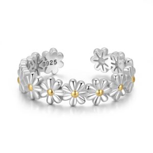 PUPILLEMON Sterling Silver Adjustable Daisy Flower Rings Jewelry for Women, Stacking Dainty Open Womens Rings