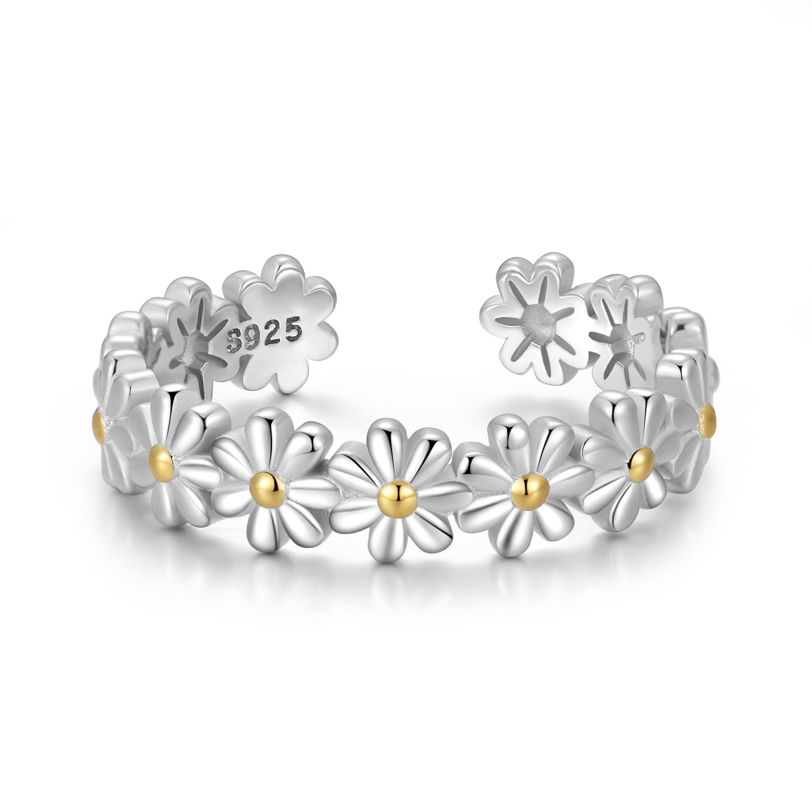 PUPILLEMON Sterling Silver Adjustable Daisy Flower Rings Jewelry for Women, Stacking Dainty Open Womens Rings