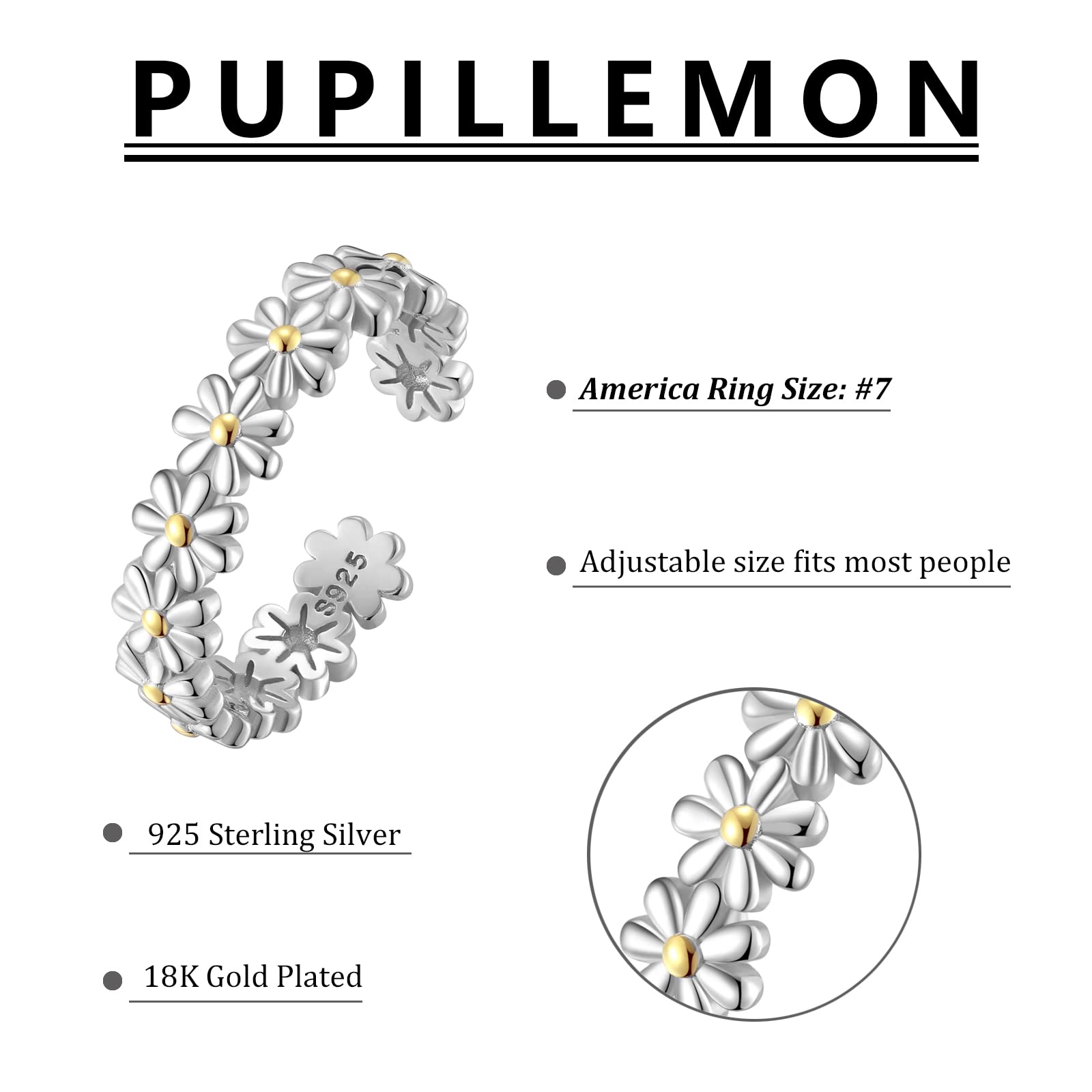 PUPILLEMON Sterling Silver Adjustable Daisy Flower Rings Jewelry for Women, Stacking Dainty Open Womens Rings